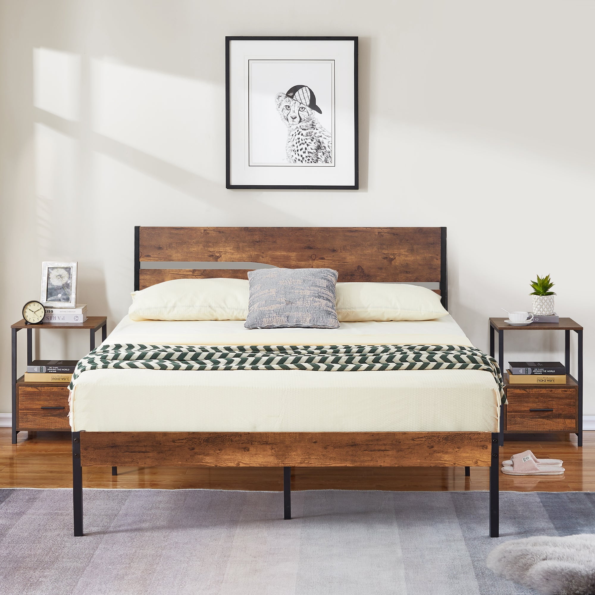 VECELO 3-Piece Bedroom Set Queen Bed Frame and 2 Brown Nightstands ...