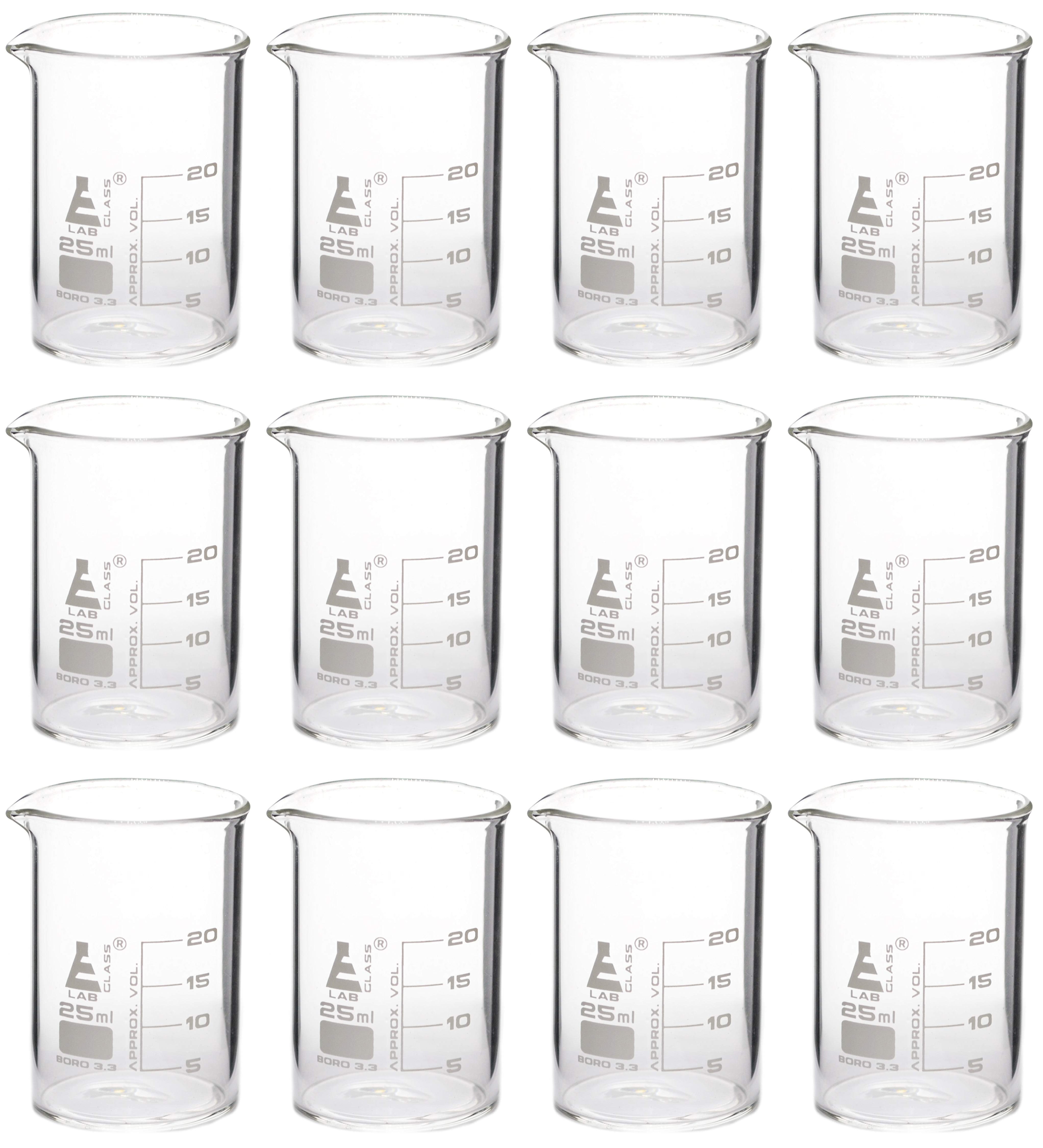 12PK Beakers, 25ml - Griffin Style, Low Form with Spout - White, 5ml Graduations - Borosilicate ...