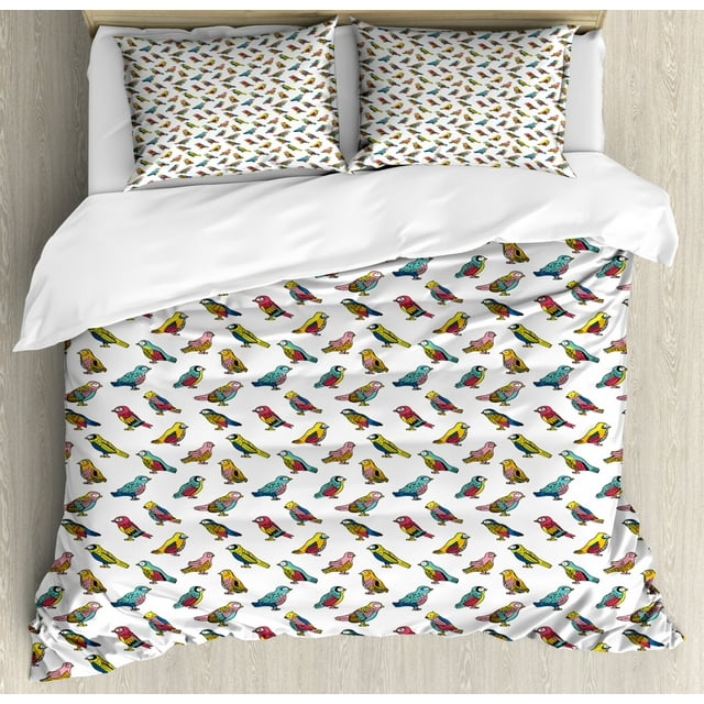 Bird Duvet Cover Set King Size, Tropical Finches Flying Mammals in ...