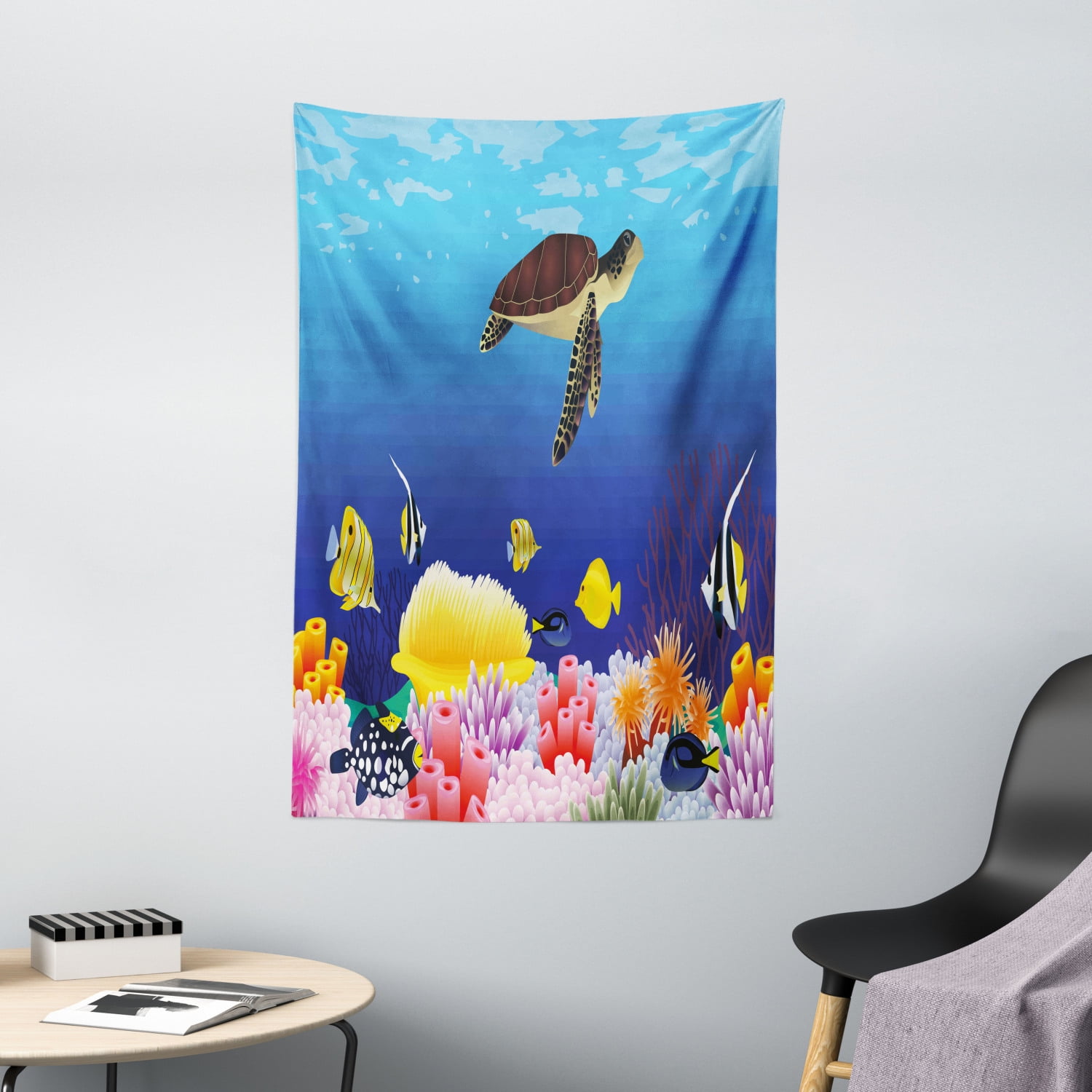 Ocean Tapestry, Modern Cartoon Deep Sea Nautical Navy Aquarium Fish ...
