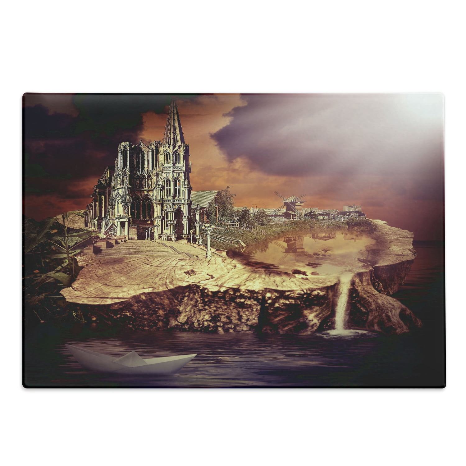 Gothic Cutting Board, Fantasy Castle and Village on Stump in the Water ...