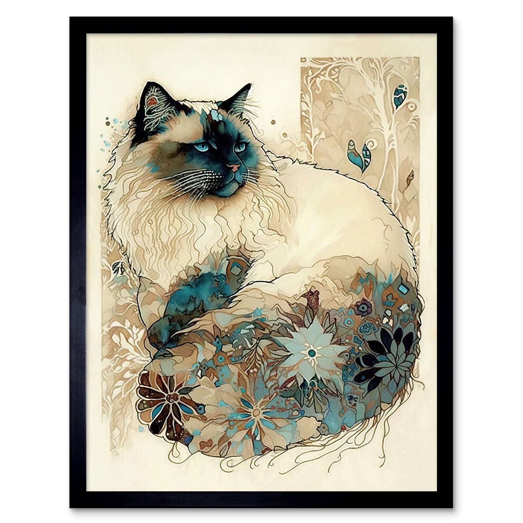 Ragdoll Cat with Floral Pattern Tail Modern Watercolour Illustration ...