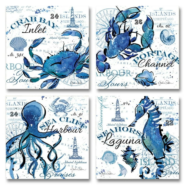 Watercolor-Style Blue Crab, Lobster, Octopus and Seahorse; Coastal ...