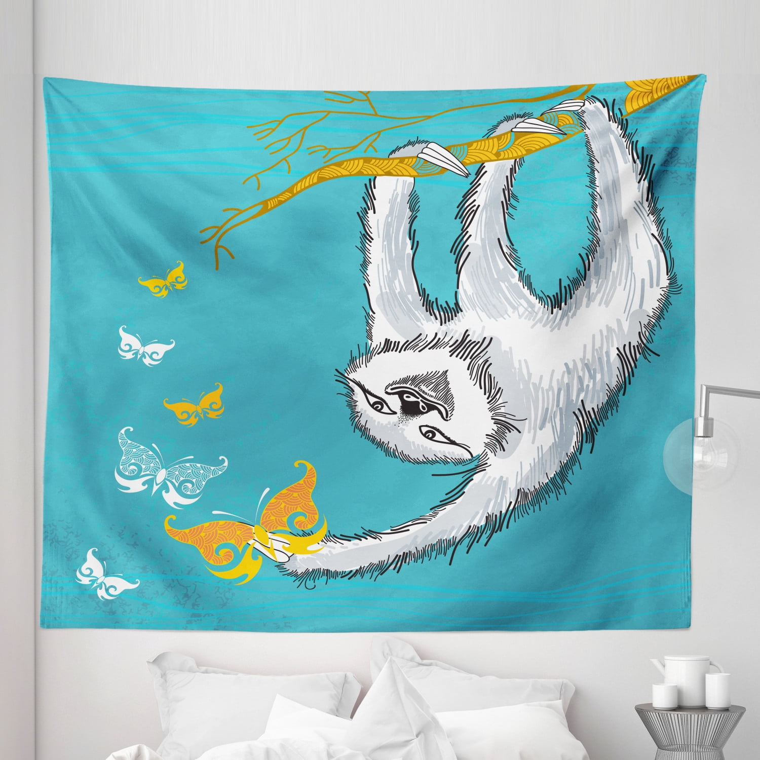 Sloth Tapestry, Sketchy Sloth with Butterflies Ornate Branch Nature ...