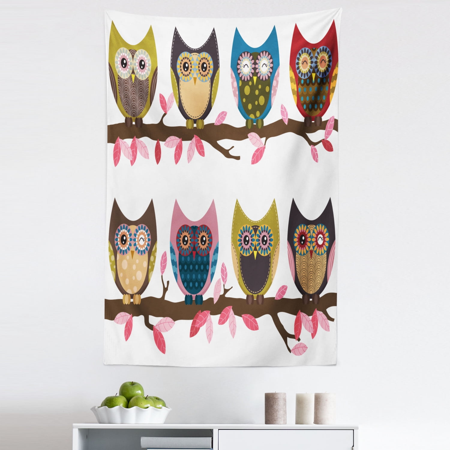 Owls Tapestry, Group of Owls Facial Expressions Winking Smiling Vintage ...