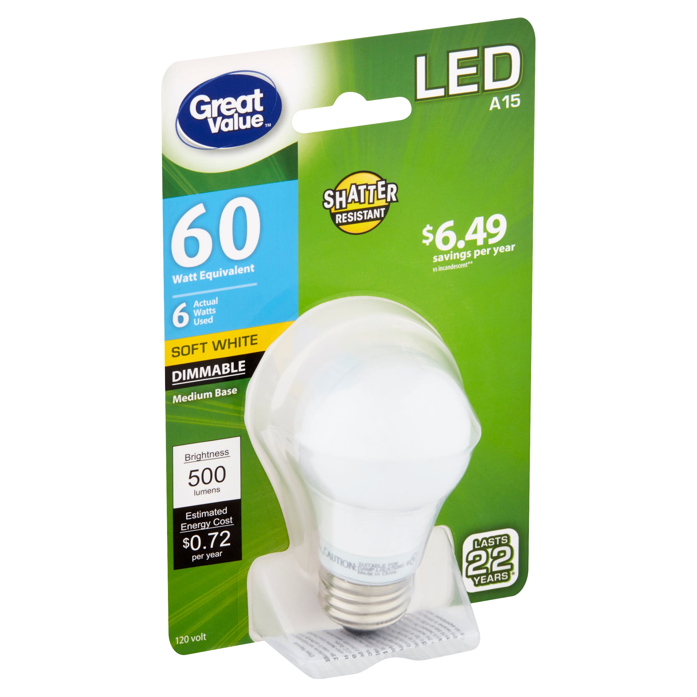 Great Value LED 6 Watts Soft White A15 Medium Base Bulb - Walmart.com Great Value LED 6 Watts Soft White A15 Medium Base Bulb - Walmart.com