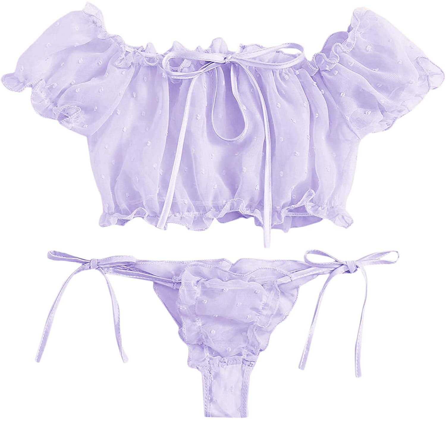 Fy 1780 Veeki Womens Self Tie Ruffle Trim Dobby Mesh Lingerie Set Sexy