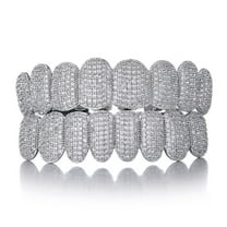 Saintda Real Mouth Diamond Tooth Grillz Set, Top & Bottom, Silver, AAA ...