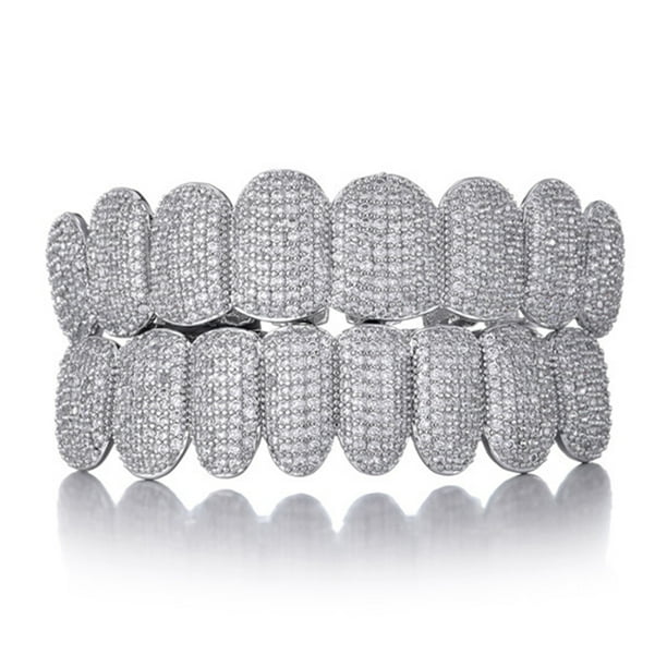 Saintda Teeth Grillz Prong With Bling AAA CubicStones Silver Color ...