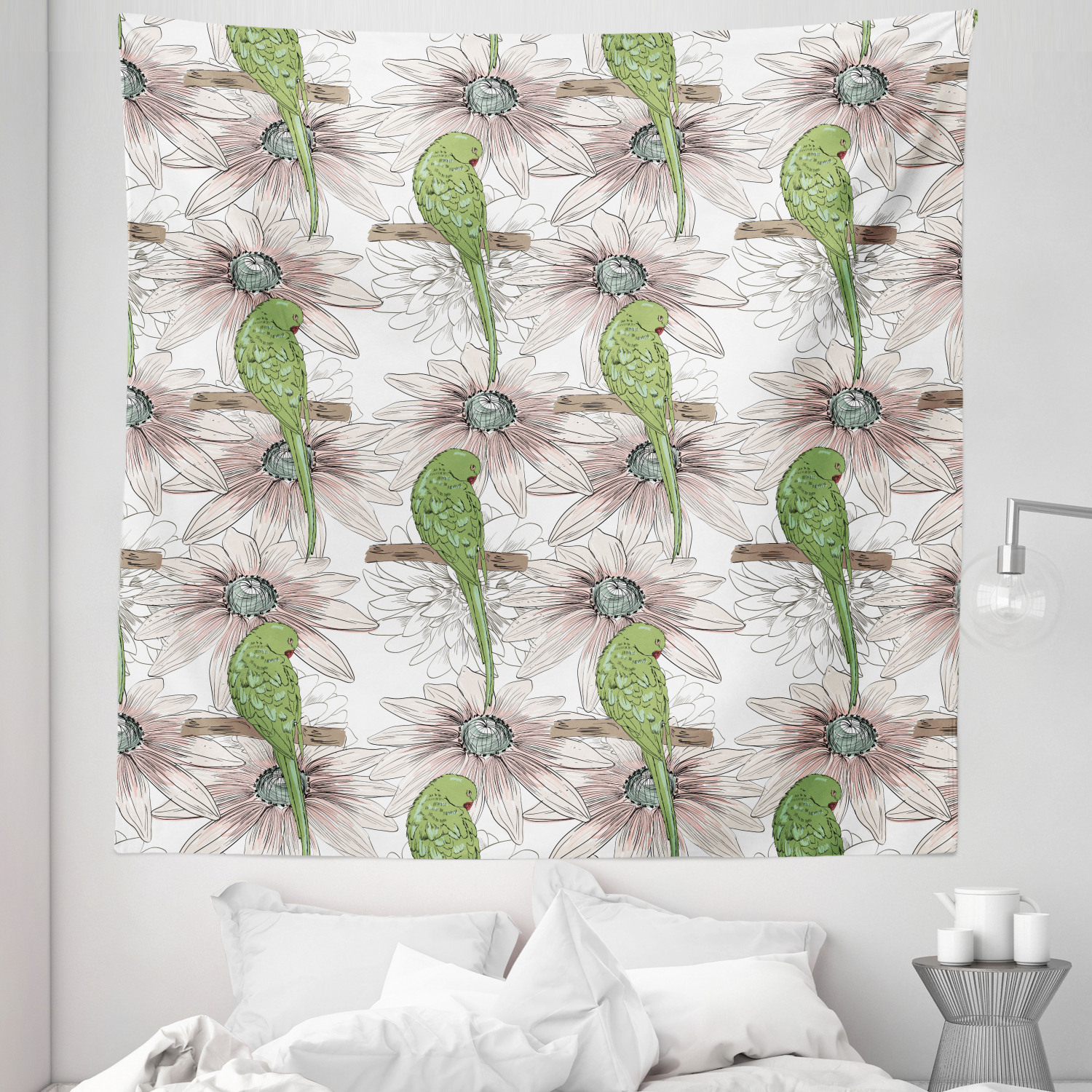 Bird Tapestry, Continuous Birds and Flower in Vintage Sketch Style ...