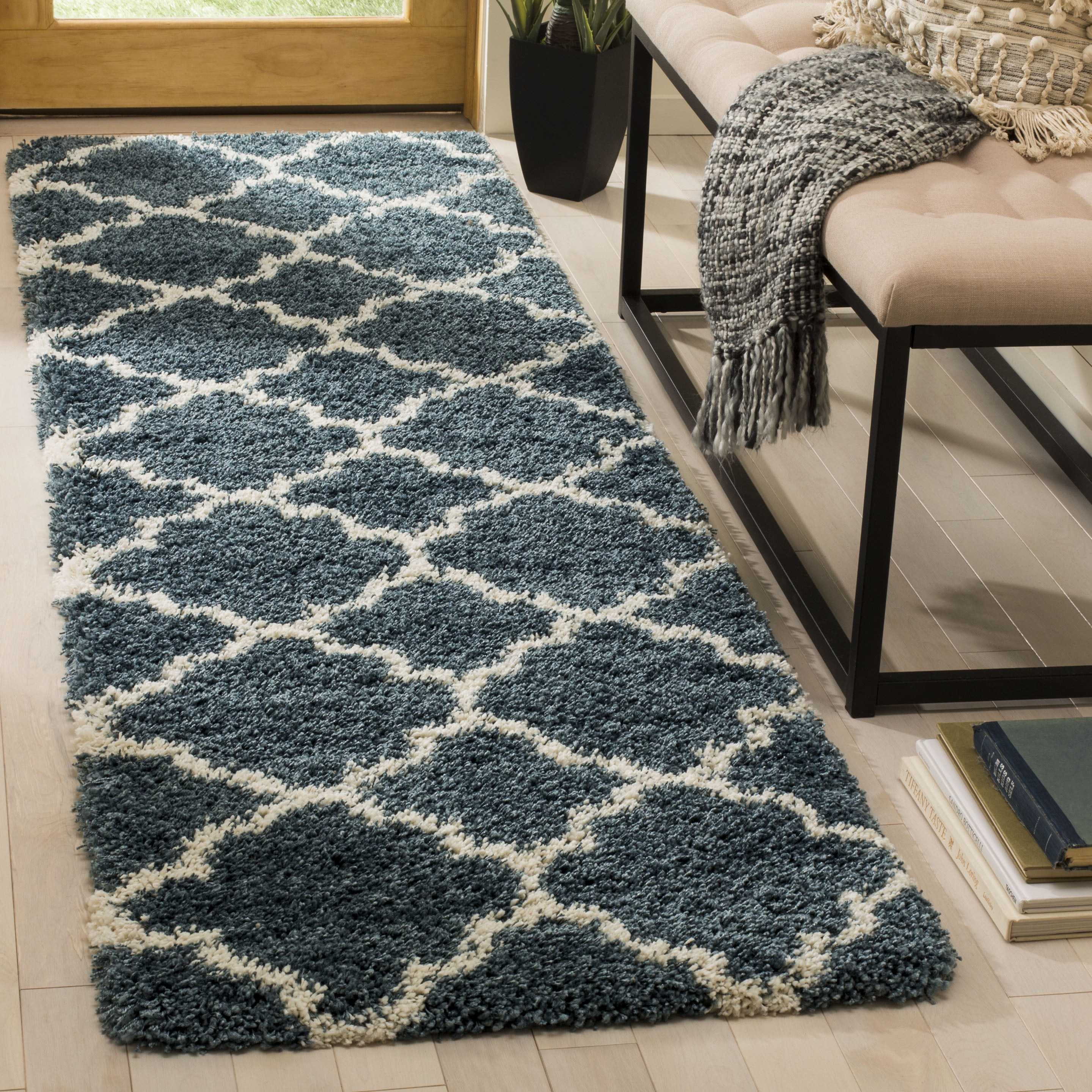 SAFAVIEH Hudson Jaye Geometric Shag Runner Rug, Slate Blue/Ivory, 2'3 ...