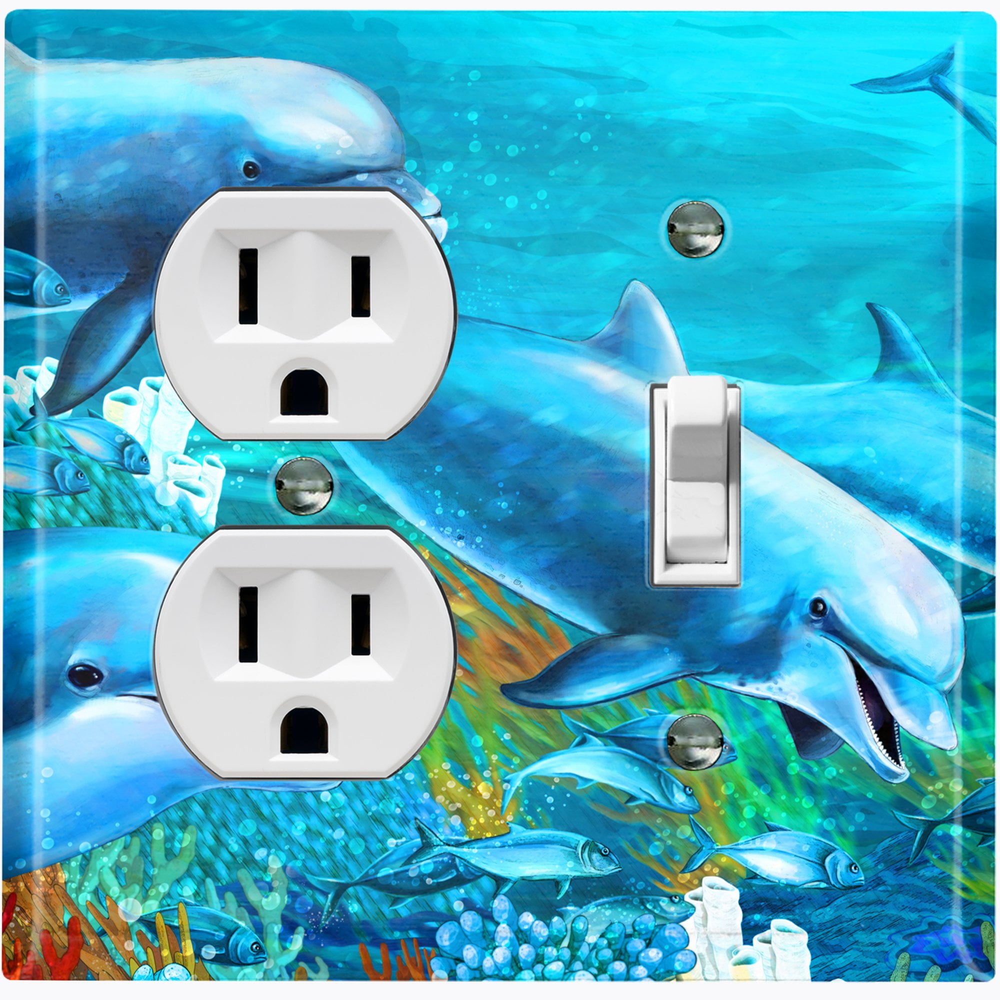 Metal Light Switch Plate Outlet Cover Cute Dolphin Pod Ocean Reef ...