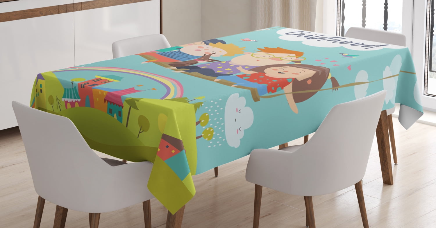 Nursery Tablecloth, Happy Kids on a Swing with Dog Childhood Dreams ...