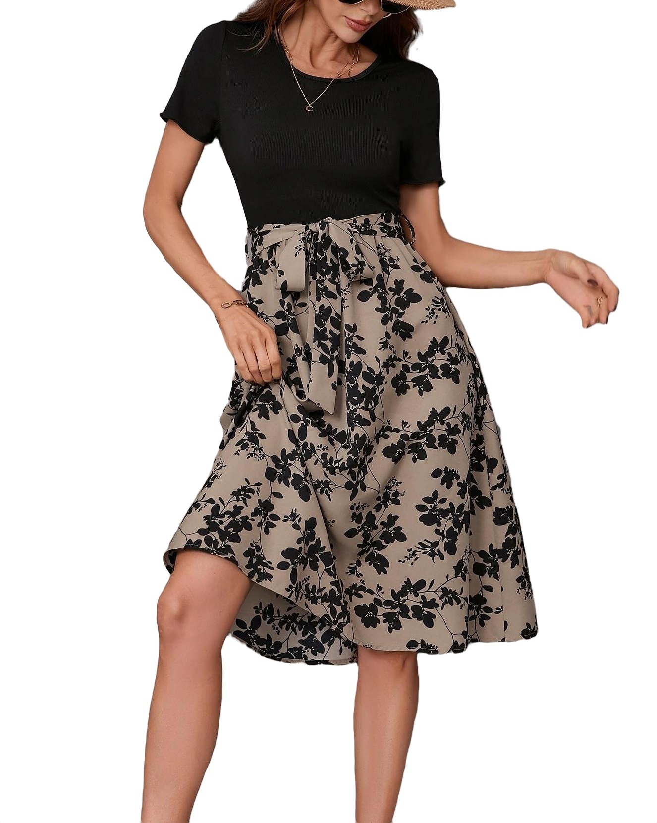 Casual Colorblock Round Neck A Line Dress Short Sleeve Multicolor Women ...