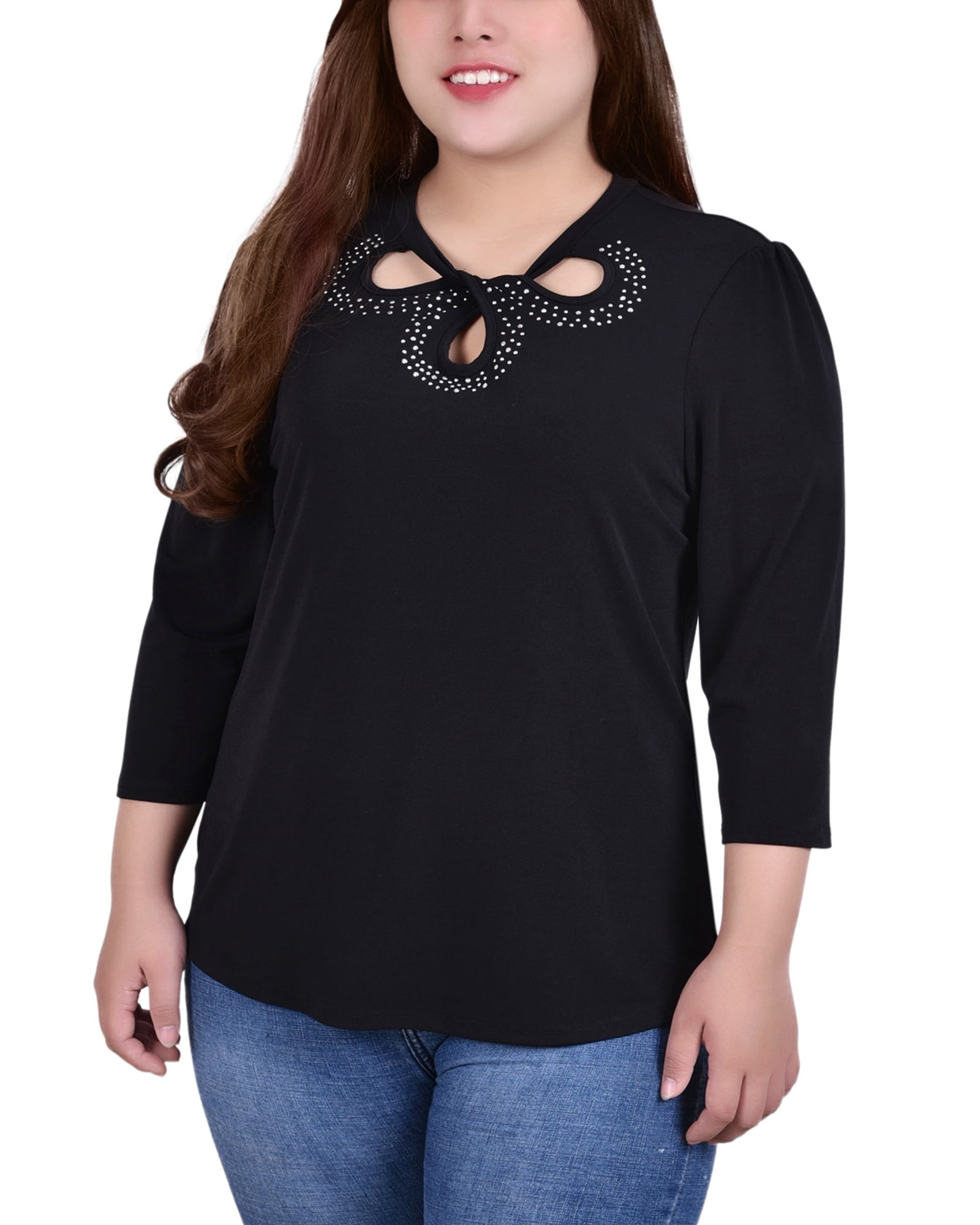 NY Collection 3/4 Slv Knit Crepe Studded Keyhole Top - Walmart.com