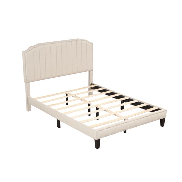 Infans Full Upholstered Bed Frame with linen fabric vertical lines ...