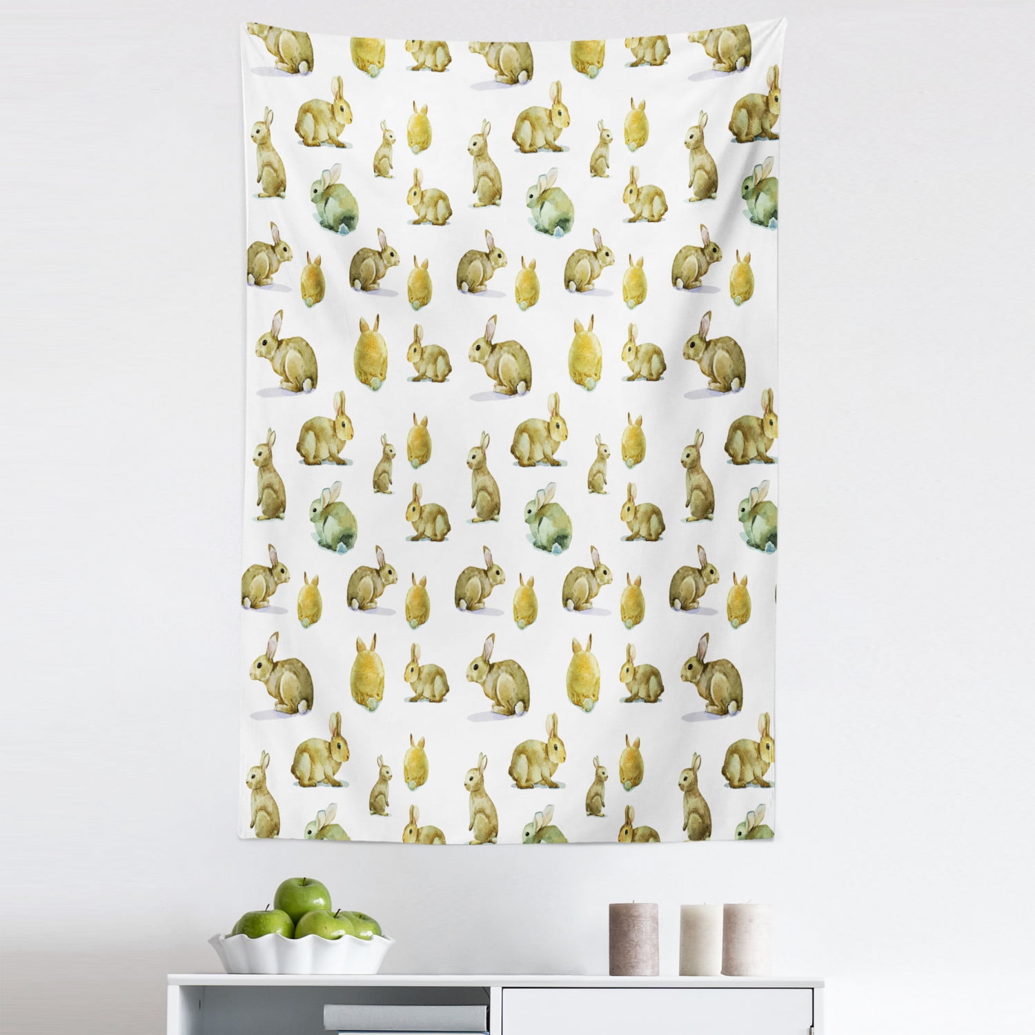Watercolor Tapestry, Furry Rabbit Bunny Pattern Easter Animals Domestic ...