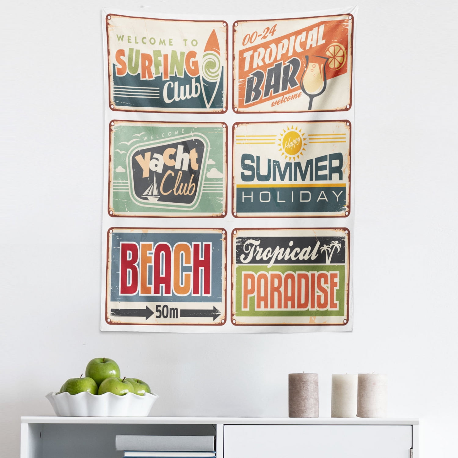 Colorful Tapestry, Summer Holiday Vintage Camping Beach Sign Boards in ...