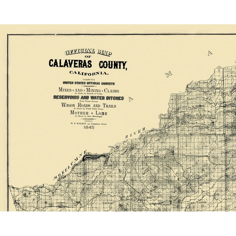 Historic Map Of Calaveras County California Mines Walkup