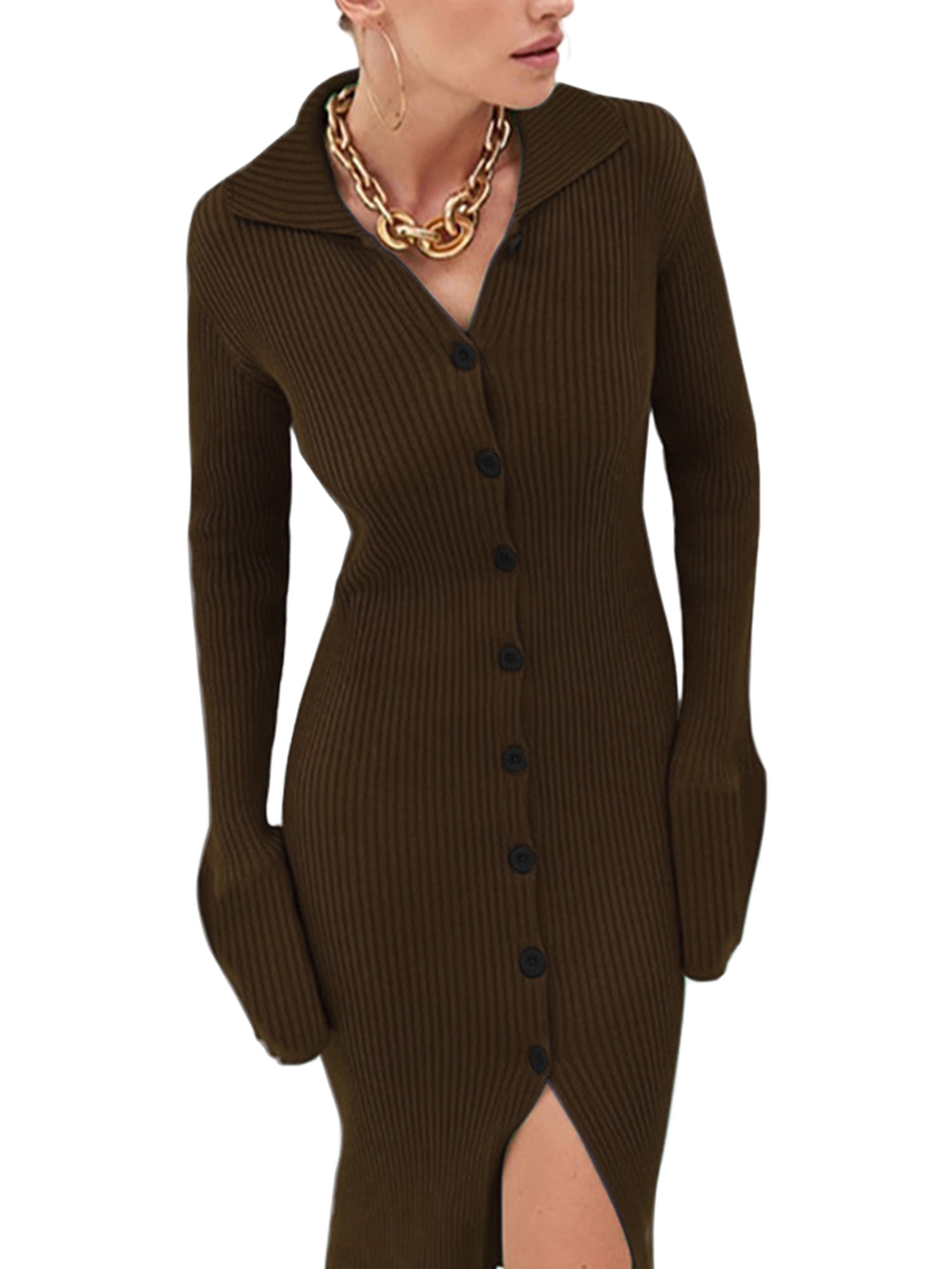 DYMADE Women Long Sleeve Lapel Cardigan Buttons Knit Fabric Bodycon ...