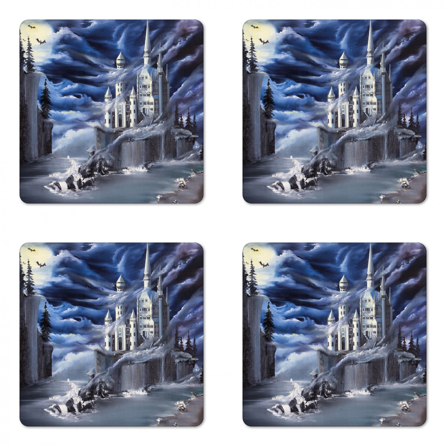 Fantasy Coaster Set of 4, Island with Castle Full Moon Cloudy Dramatic ...