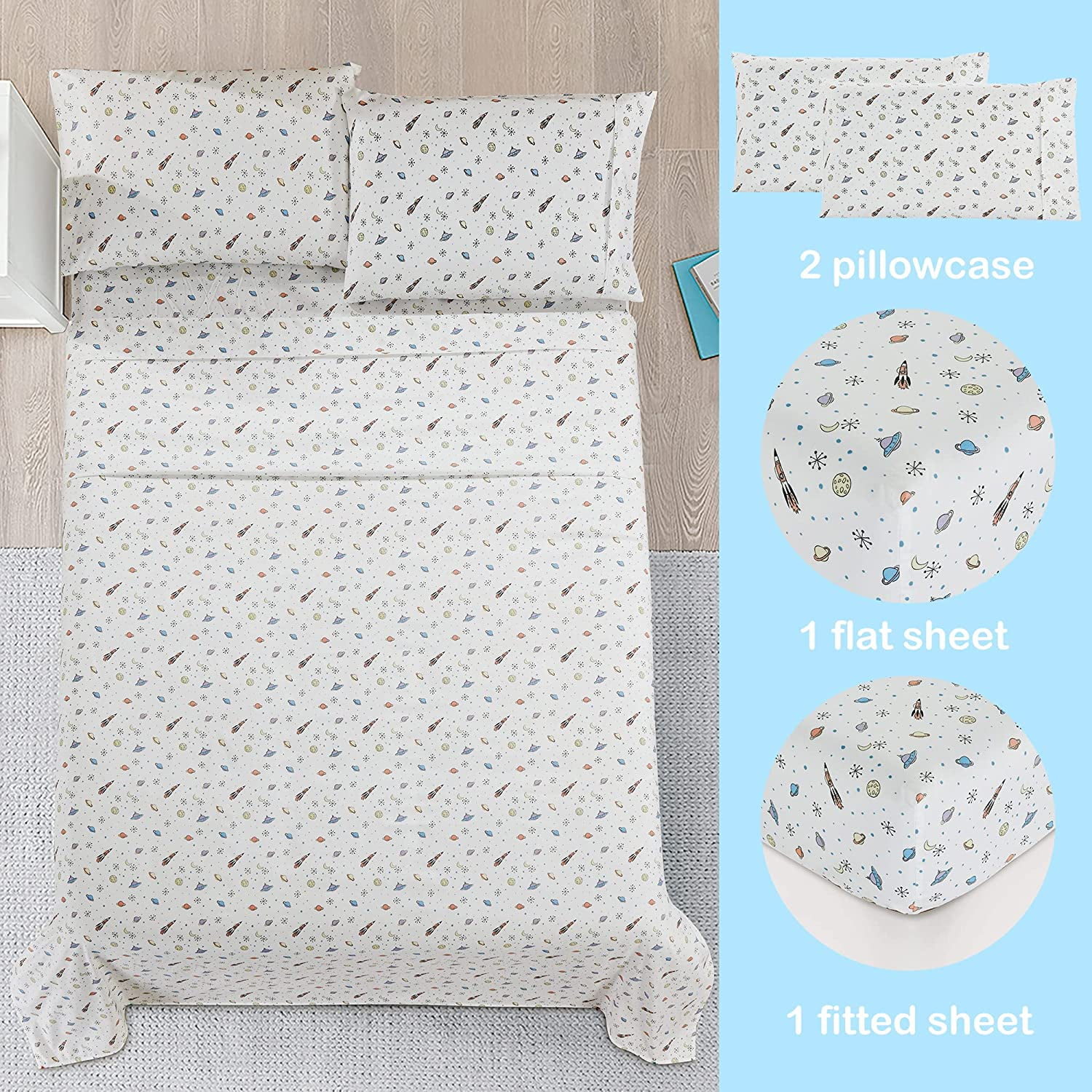 Viviland Kids Full Sheet Set Printed Boys Bed Sheets White Space Rocket ...