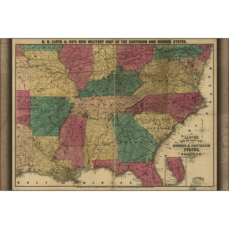 24x36 Poster Civil War Map Border Southern States 1863