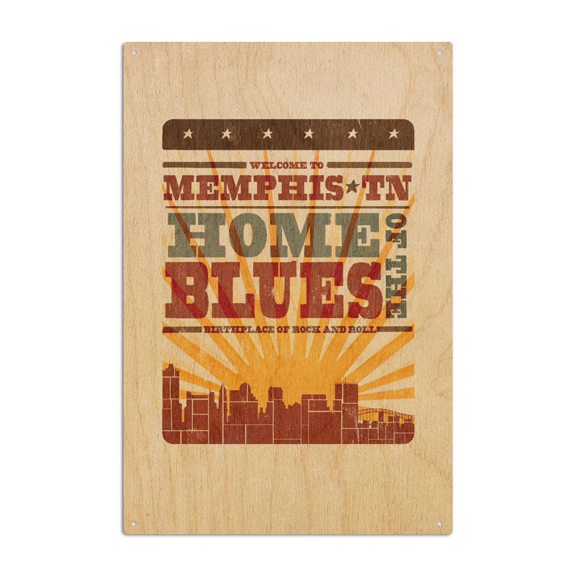 Memphis, Tennessee, Skyline and Sunburst, Screenprint, Contour Birch ...