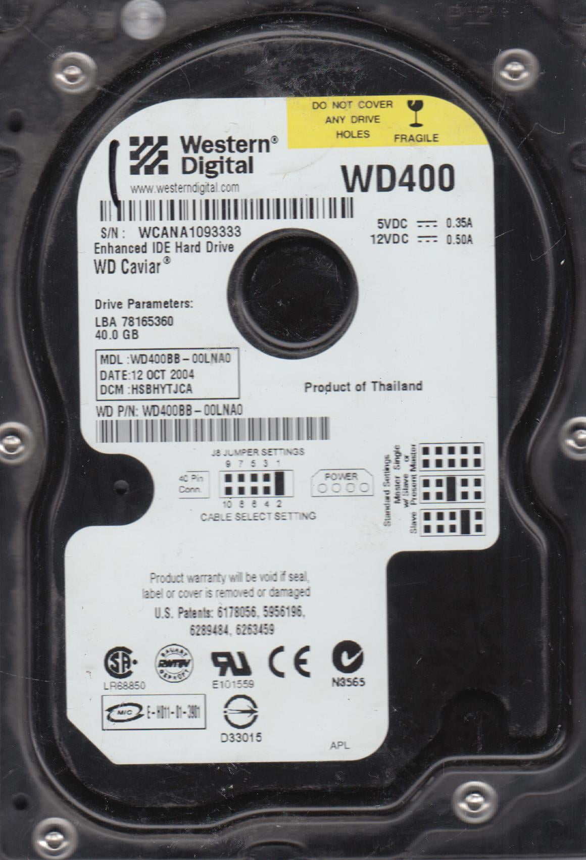 WD400BB-00LNA0, DCM HSBHYTJCA, Western Digital 40GB SATA 3.5 Hard Drive ...