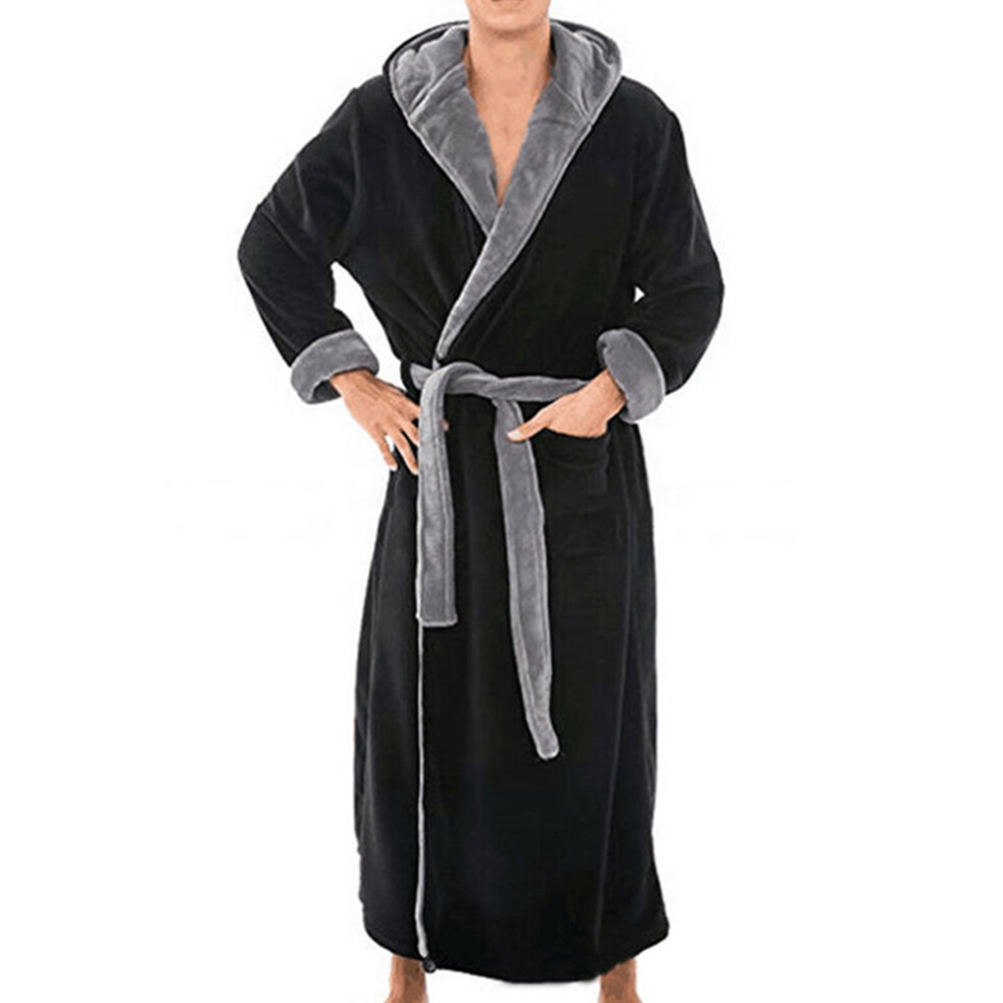Innerwin Dressing Gown Solid Color Men Wrap Robe Home Hooded Thicken Plush Bath Robes Black Gray 3xl