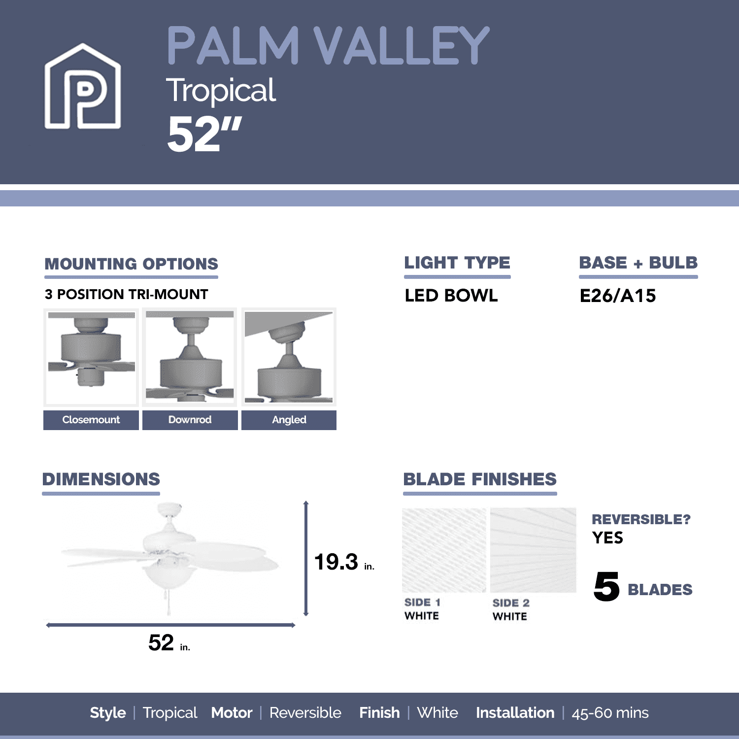 Honeywell Palm Valley 52″ White Tropical Ceiling Fan with 5 Palm Blades ...