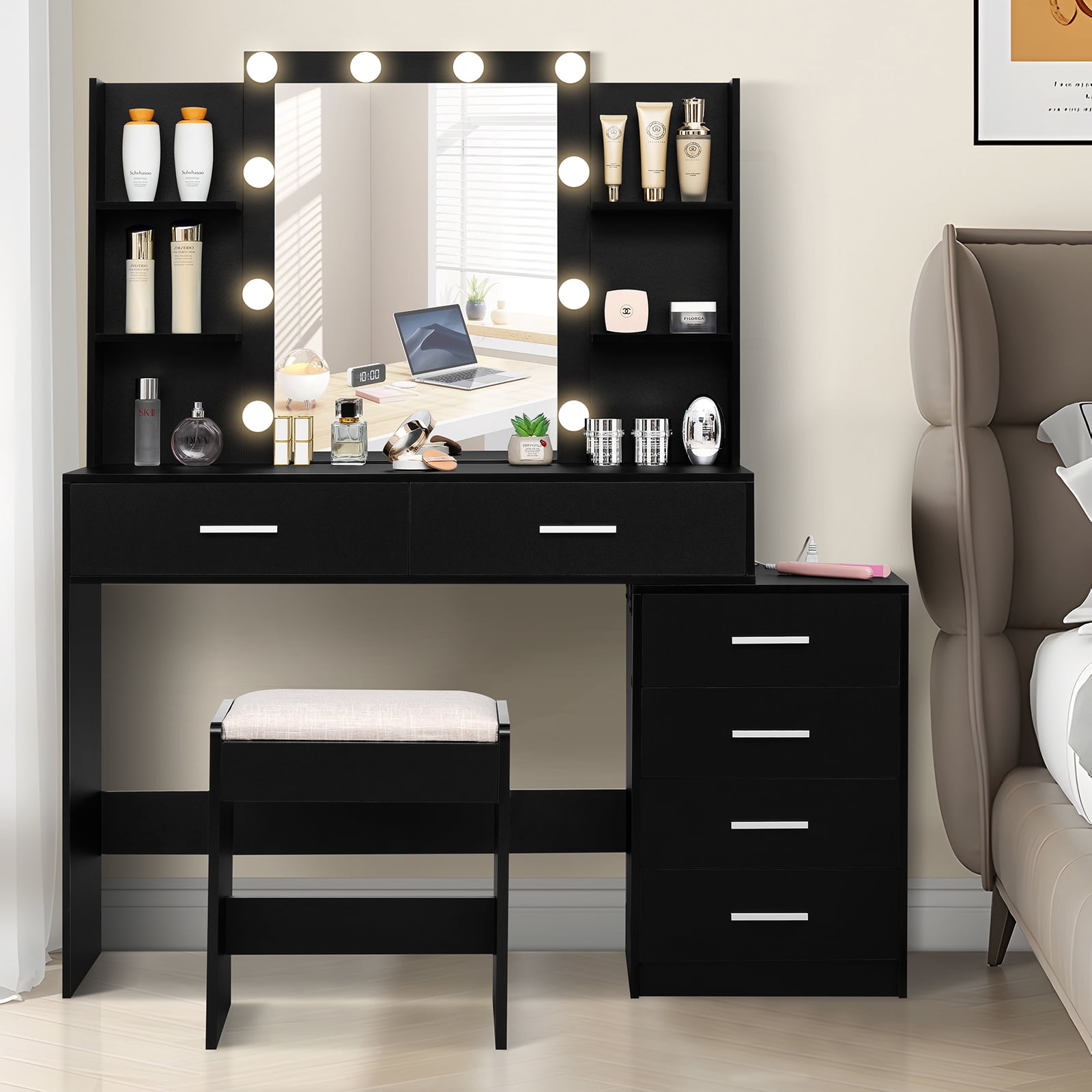 IWELL Large Vanity Desk with Mirror & Lights, Makeup Vanity with 6 ...