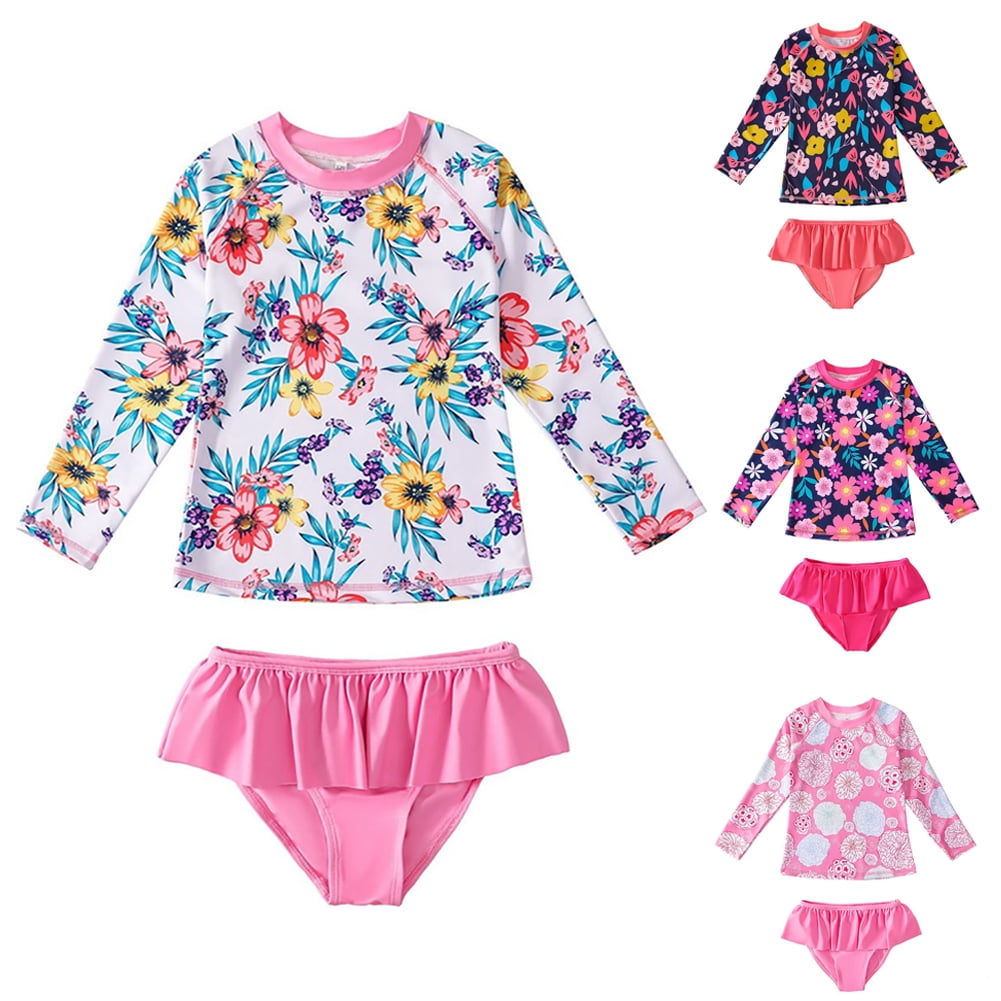 SILVERCELL Little Girls 2-Piece Swimsuit Set Long Sleeve Rash Guard ...