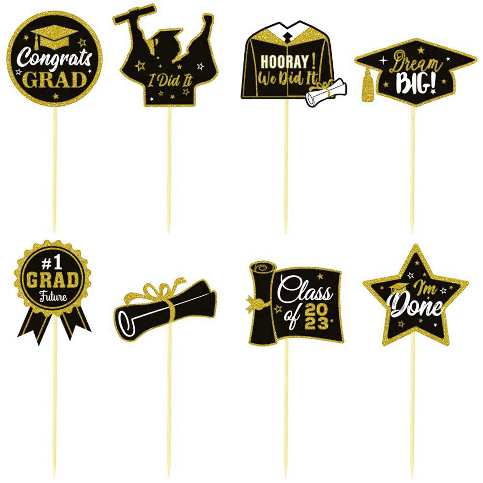 Glitter Hat Diploma Gown Star Cupcake Topper with Bamboo Sticks - 2023 ...