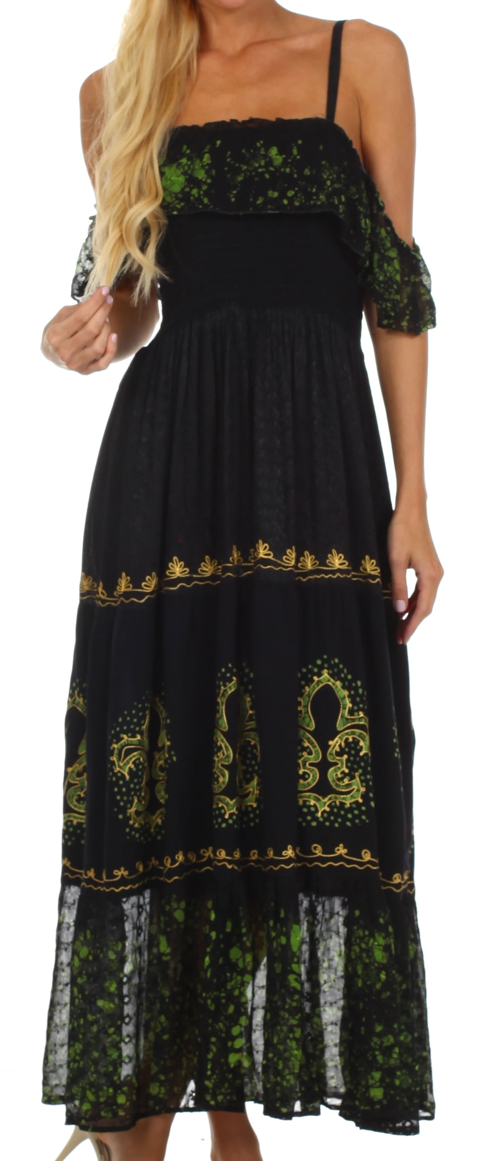 Sakkas Fleur De Lis Batik Jacquard Off Shoulder Crepe Hem Dress - Black ...