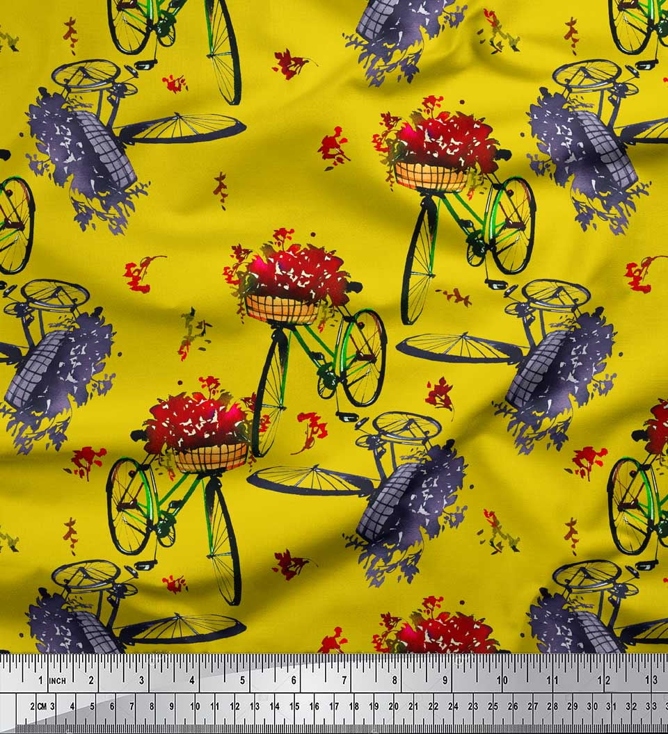 Soimoi Yellow Silk Fabric Flower Basket & Bicycle Transport Print ...