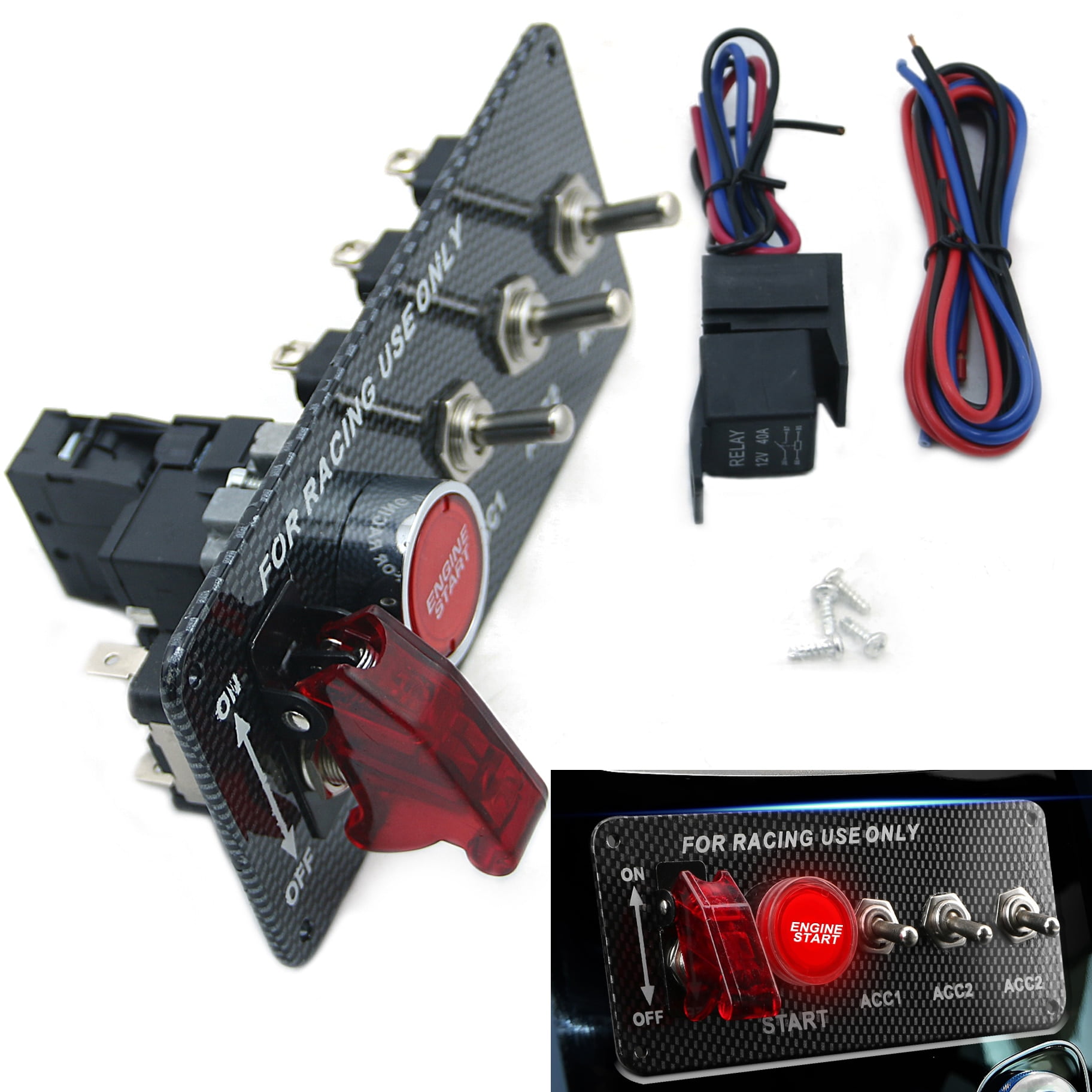 Pushtek LED Toggle Ignition Switch Panel Engine Start Push Button Set ...