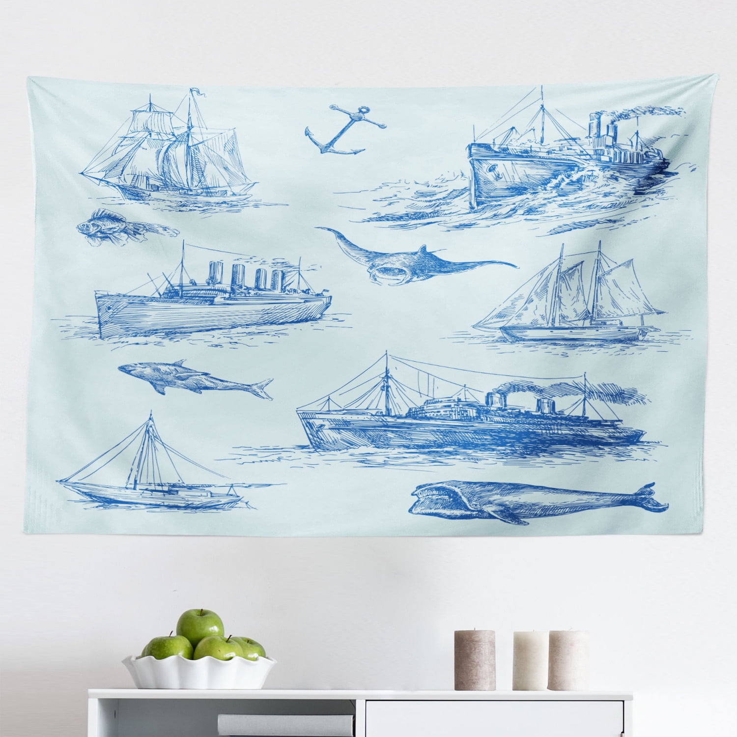 Nautical Tapestry, Underwater Sharks Old Ship Compass Windrose Deep ...