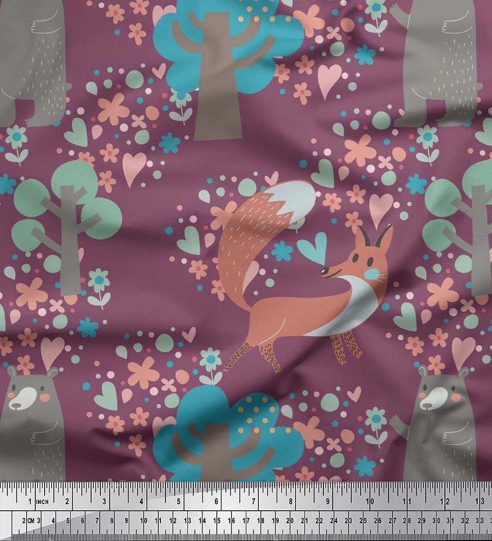 Soimoi Satin Silk Fabric Tree,Fox & Bear Kids Print Sewing Fabric Yard ...
