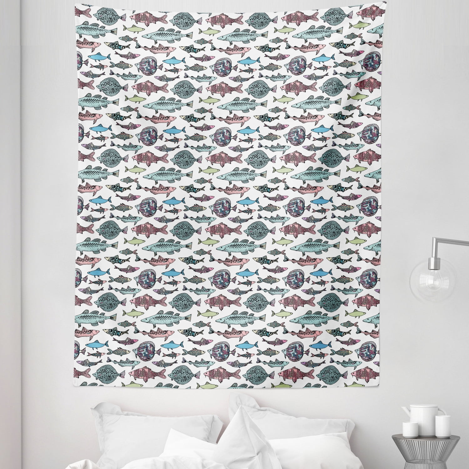 Fish Tapestry, Hand-Drawn Fish Pattern with Various Types of Seafood ...