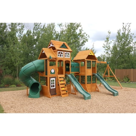 KidKraft Bear Cave Lodge Swing Set with 2 Swings, Tunnel, Slides ...