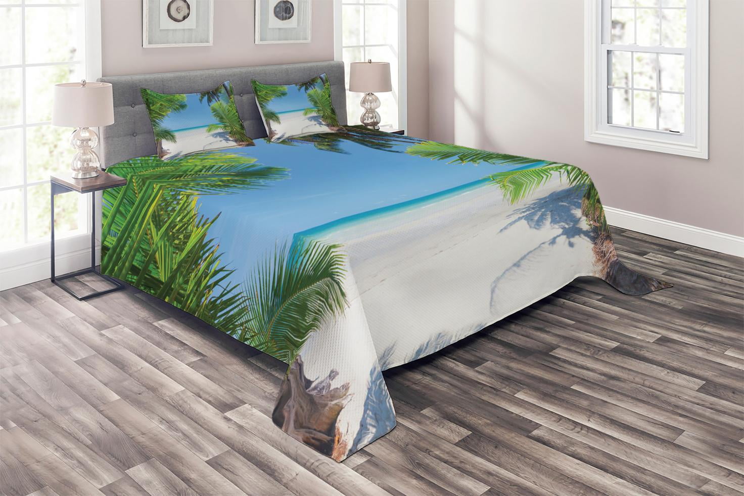 Ambesonne Ocean Quilted Coverlet 3 Pcs, Palm Leaf Tropical Beach, Queen ...