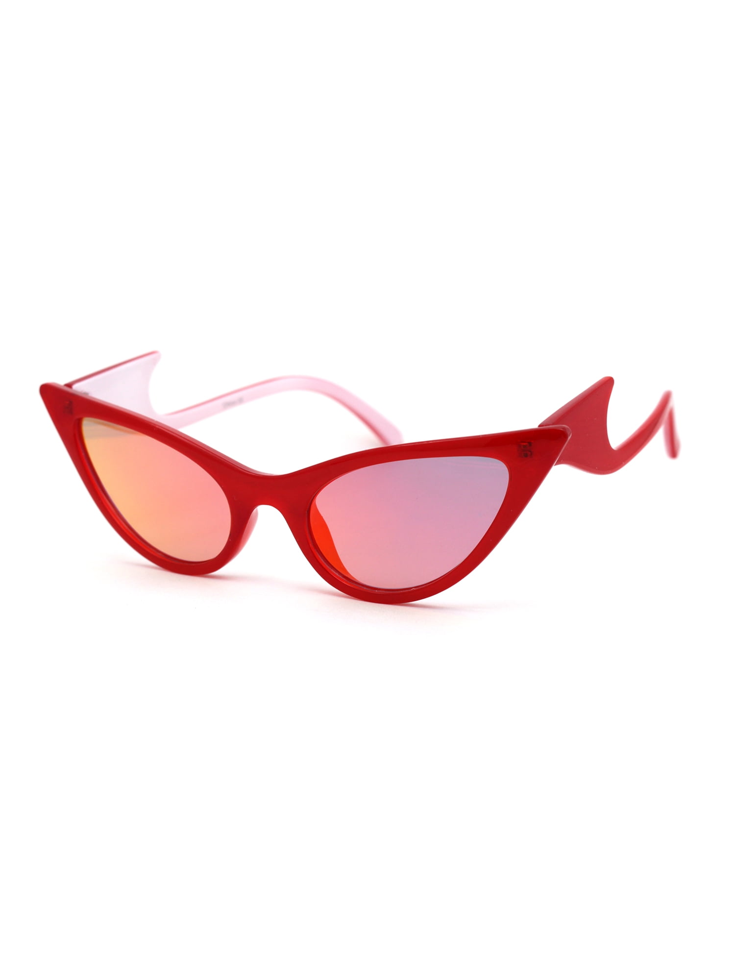 Womens Devil Tail Wave Arm Plastic Cat Eye Sunglasses Red Red Mirror ...
