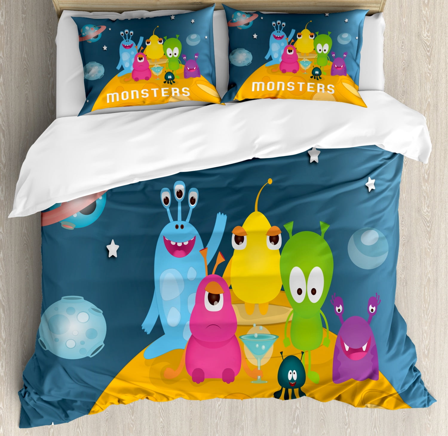 Alien Duvet Cover Set King Size, Space Monsters Calligraphy and ...