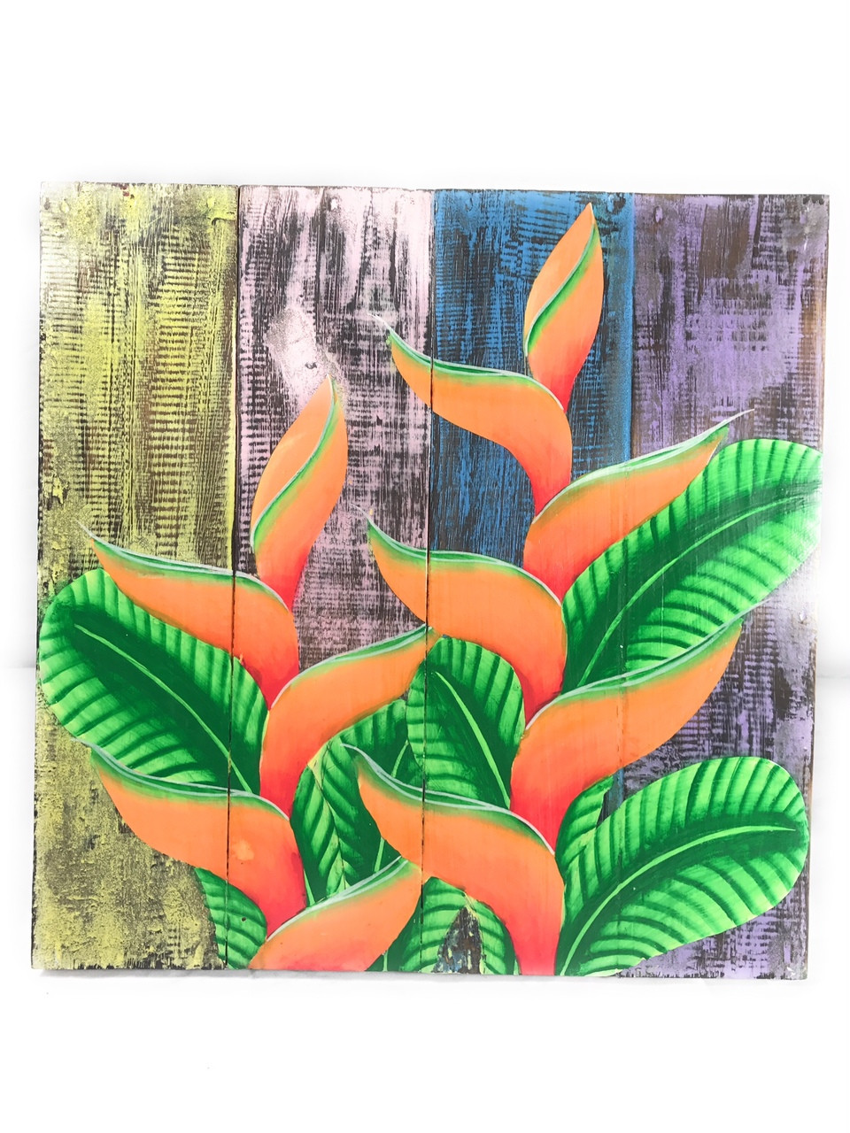 Heliconia Flower Painting on Wood Planks 16" X 16" Rustic Wall Decor ...