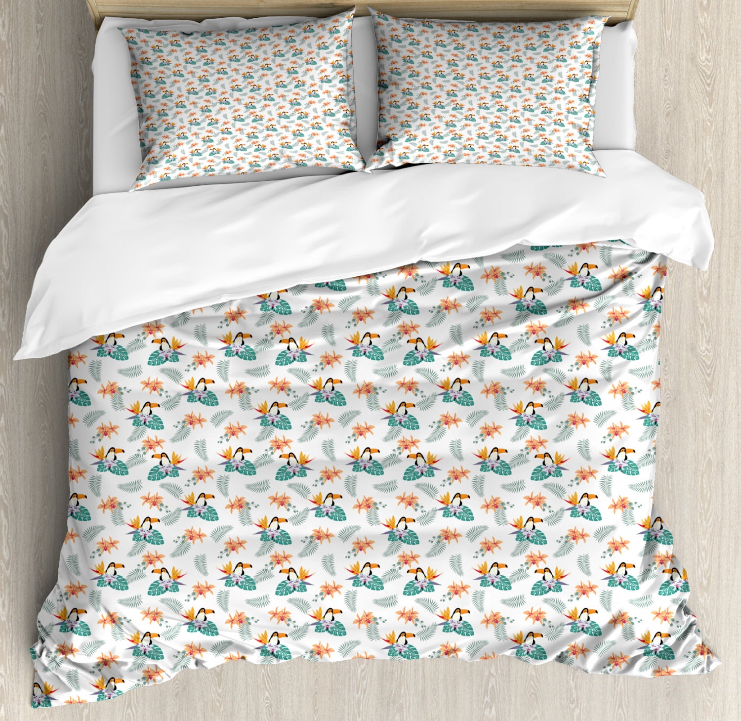 Birds Duvet Cover Set Queen Size, Foxwood and Orchid Flowers with Palm ...
