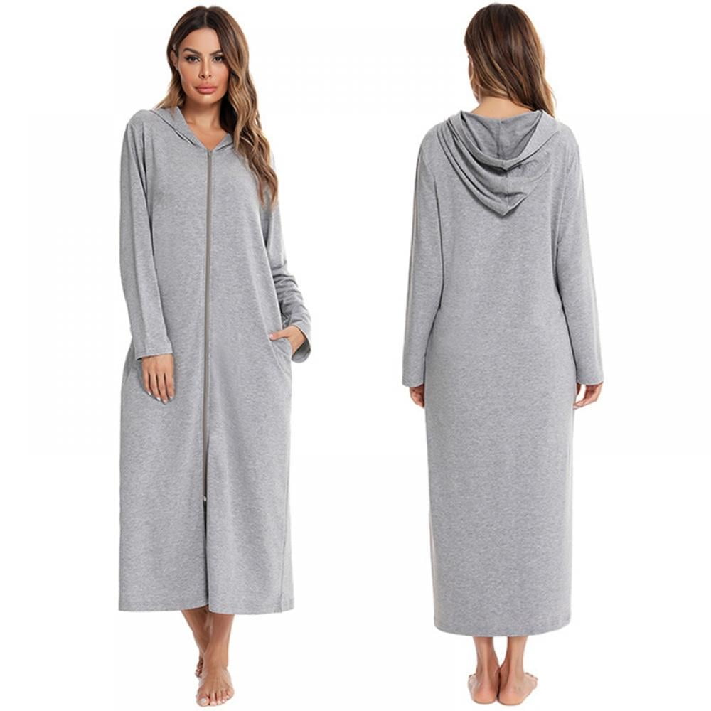 Women Zipper Robes Full Length Nightgowns Cotton Loose Housecoat Long ...