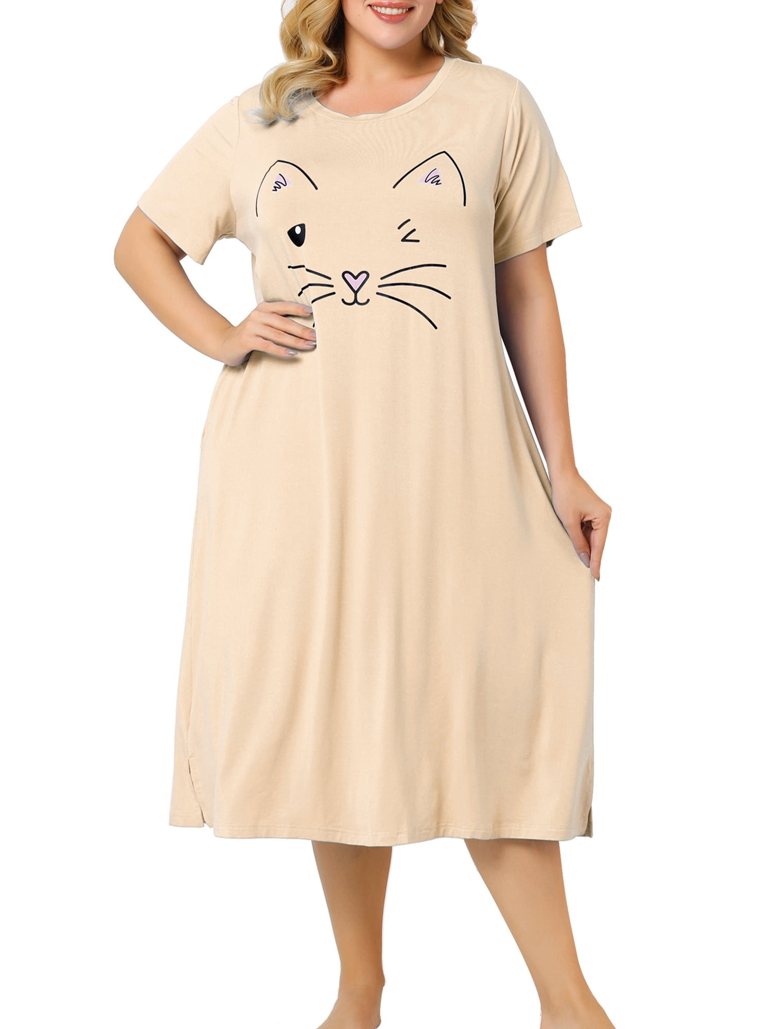 Unique Bargains Women's Plus Nightgown Short Sleeve Cat Print ...