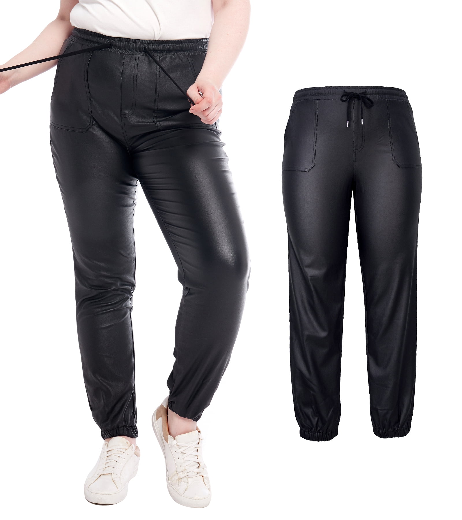 S P Y M Women's Elastic Drawstring Pants, Faux Leather Stretchy Jeans ...