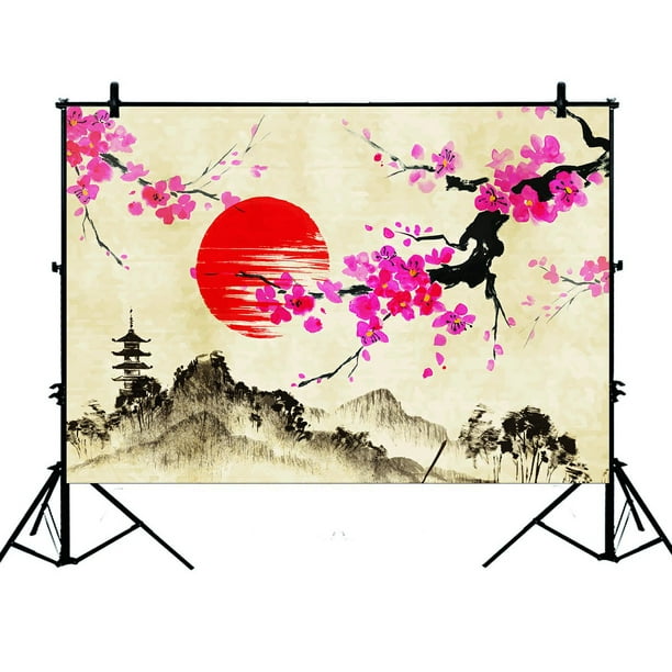 BSDHOME 7x5ft Landscape Backdrops, Japanese Sakura Cherry Blossom Moon ...